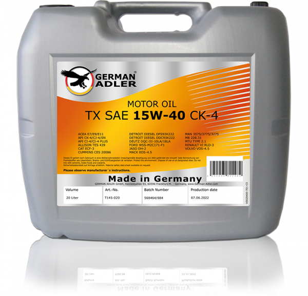 Motor Oil - SAE 15W-40 CK-4 - GERMAN ADLER - Made in Germany